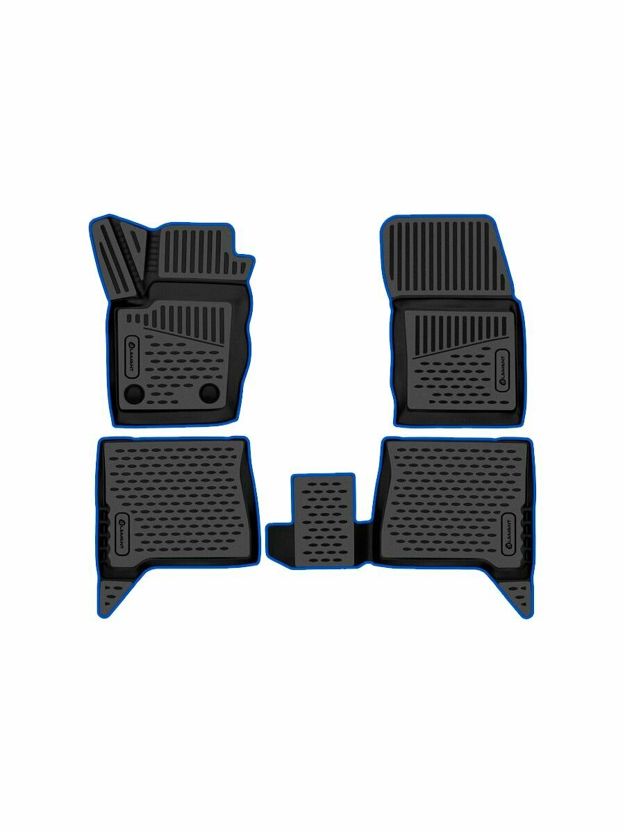Коврики 3D в салон для GREAT WALL Poer King Kong 2022-н. в. пикап 4 шт. (синий кант, полиуретан) / Грейт Волл Поер Кинг Конг