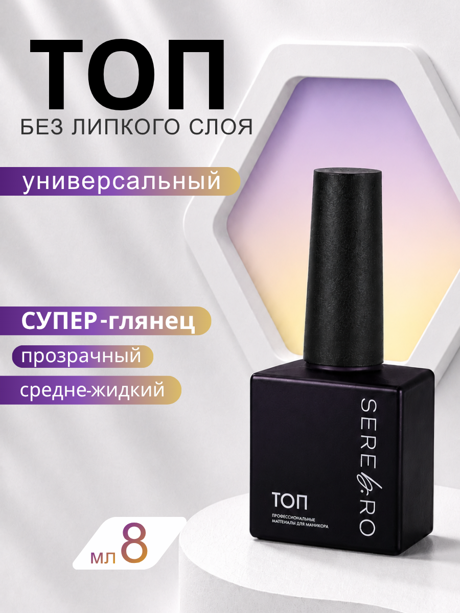 Топ для гель-лака Serebro "No-cleance", без липкого слоя, флакон, 8 мл