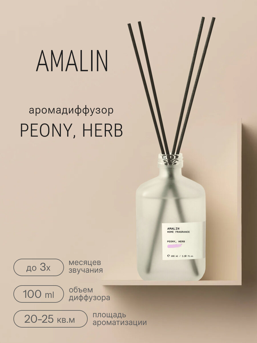 Диффузор ароматический для дома AMALIN пион, трава, 100 мл