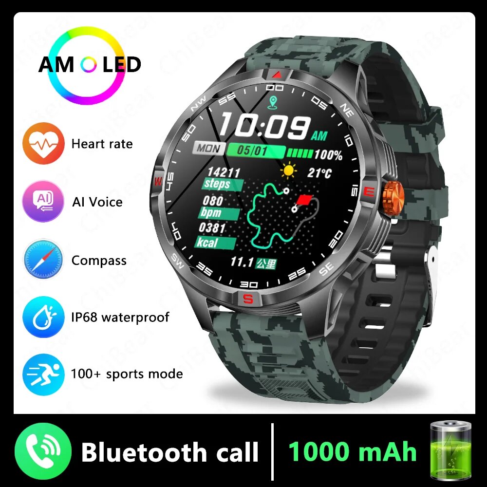 Мужские умные часы Camouflage silicone IP68, Bluetooth call