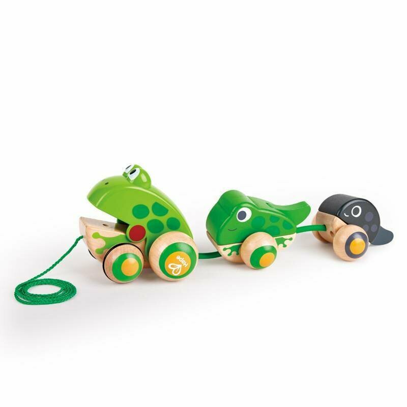 Wooden pull toy frog family for kids baby playtime educational fun toy style d