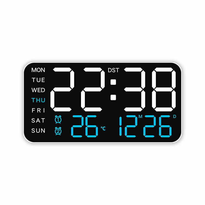 Stylish led digital clock with alarm and date for bedroom and living room decor white blue