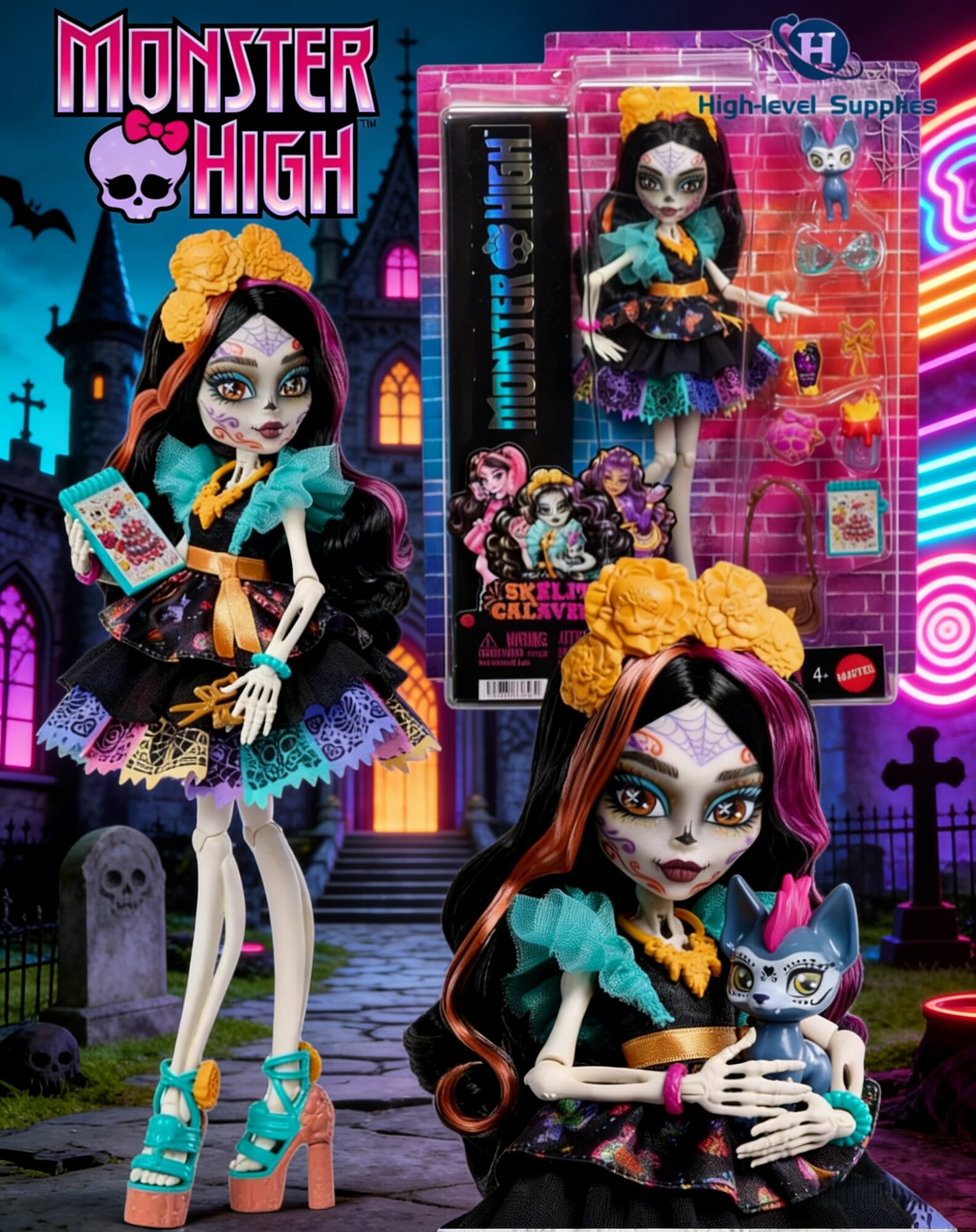 Кукла Монстер Хай Skelita Calaveras Mattel с питомцем Канделитой, игрушка для девочек, коллекционная кукла в стиле Дня мертвых