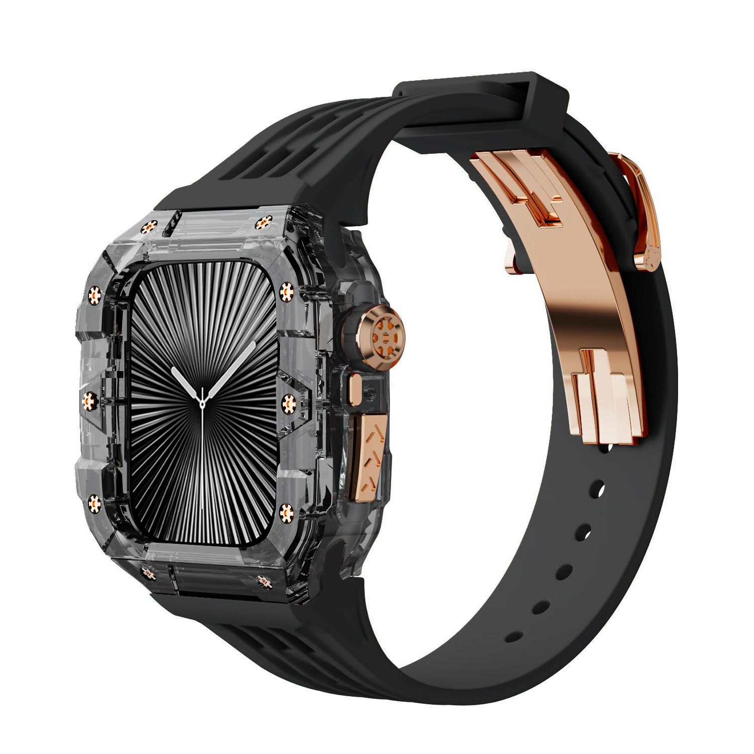 Apple Watch S10 46mm полупрозрачный черный чехол с розовым покрытием и черным ремешком защитный чехол