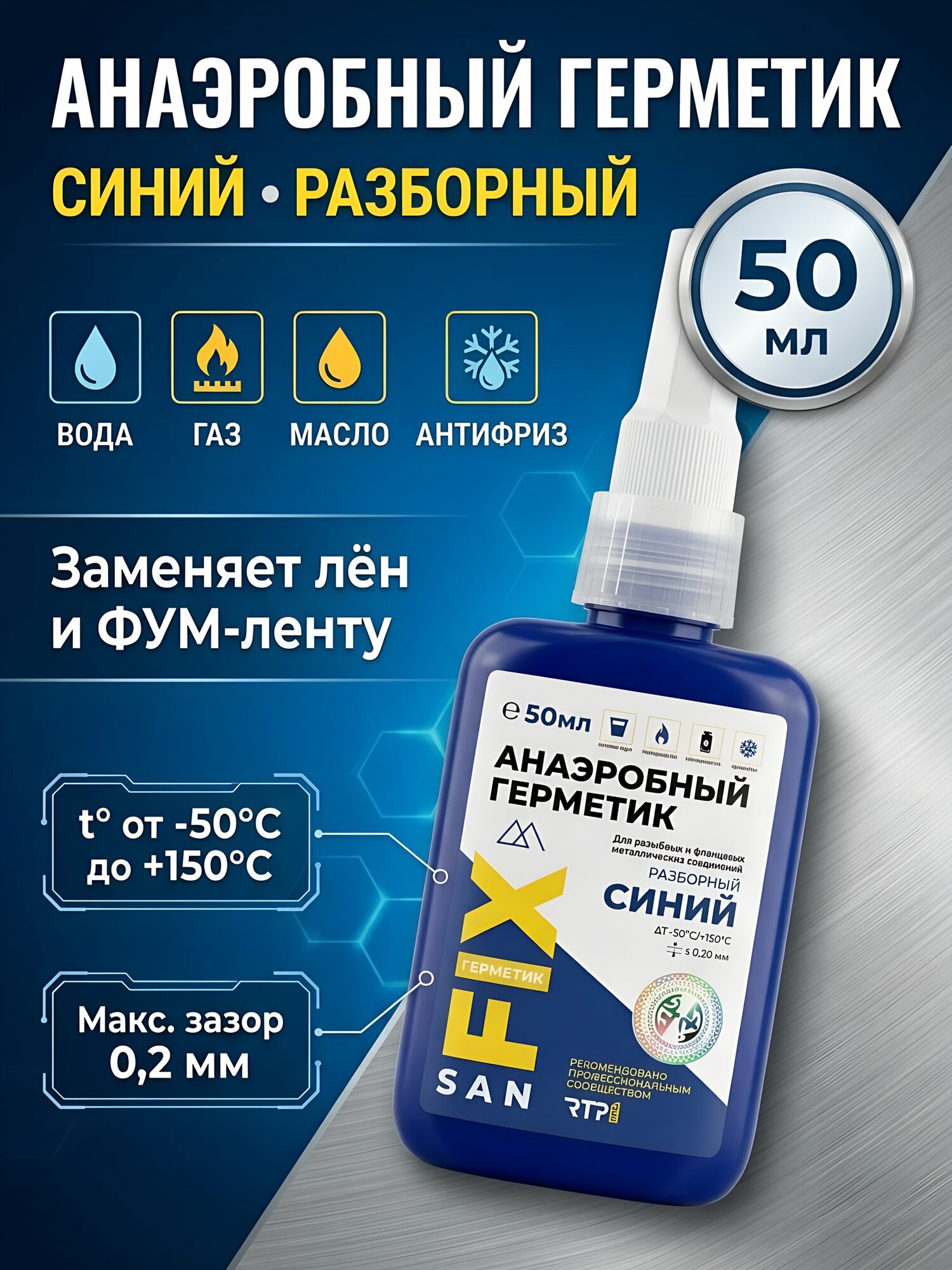 Герметик анаэробный Sanfix 50 мл, разборный, синий, для резьбовых и фланцевых соединений, блистер, артикул 43136