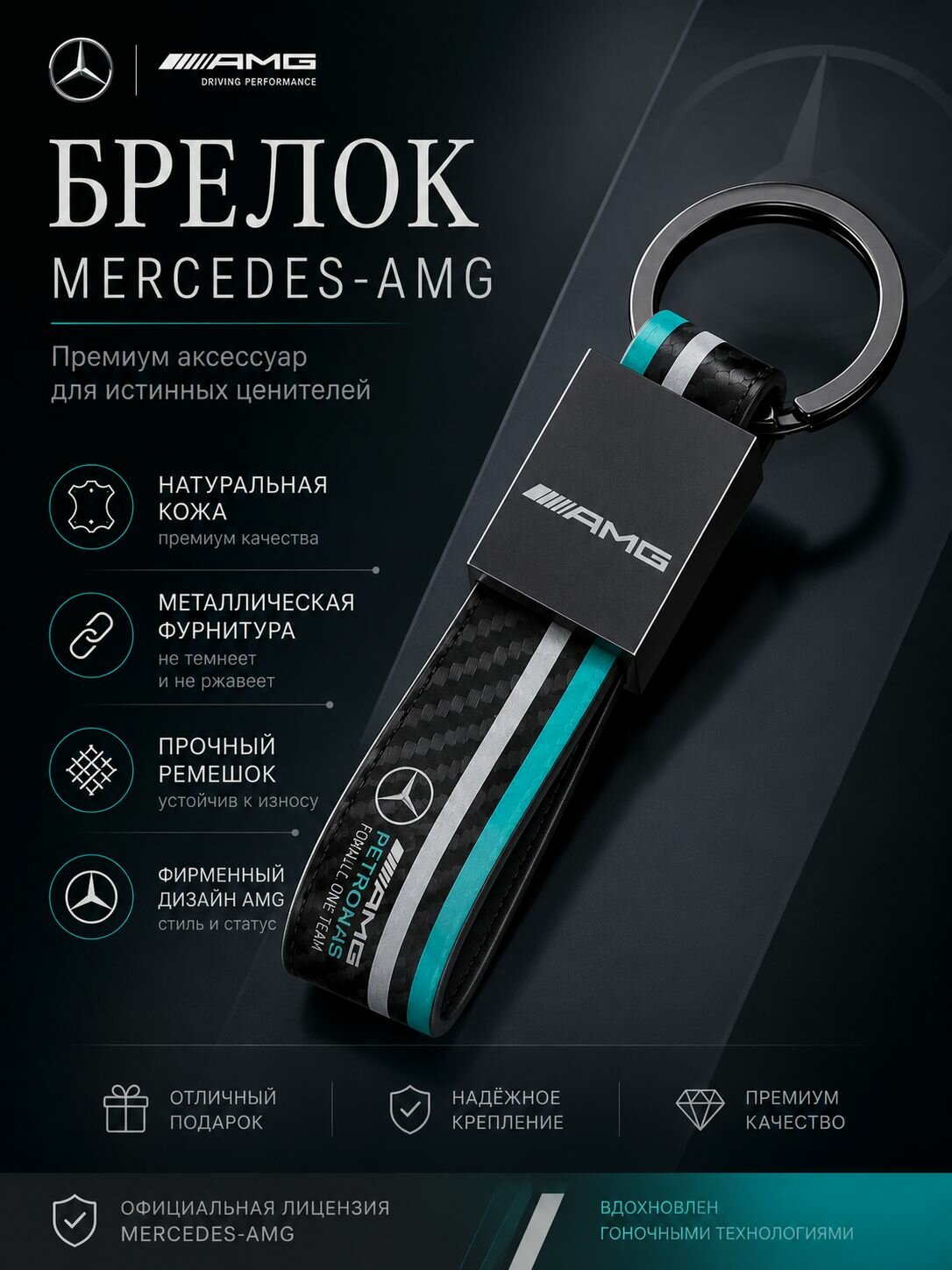 Брелок для ключей Mercedes-Benz AMG Petronas, автомобильный брелок ремешок из экокожи с металлическим кольцом