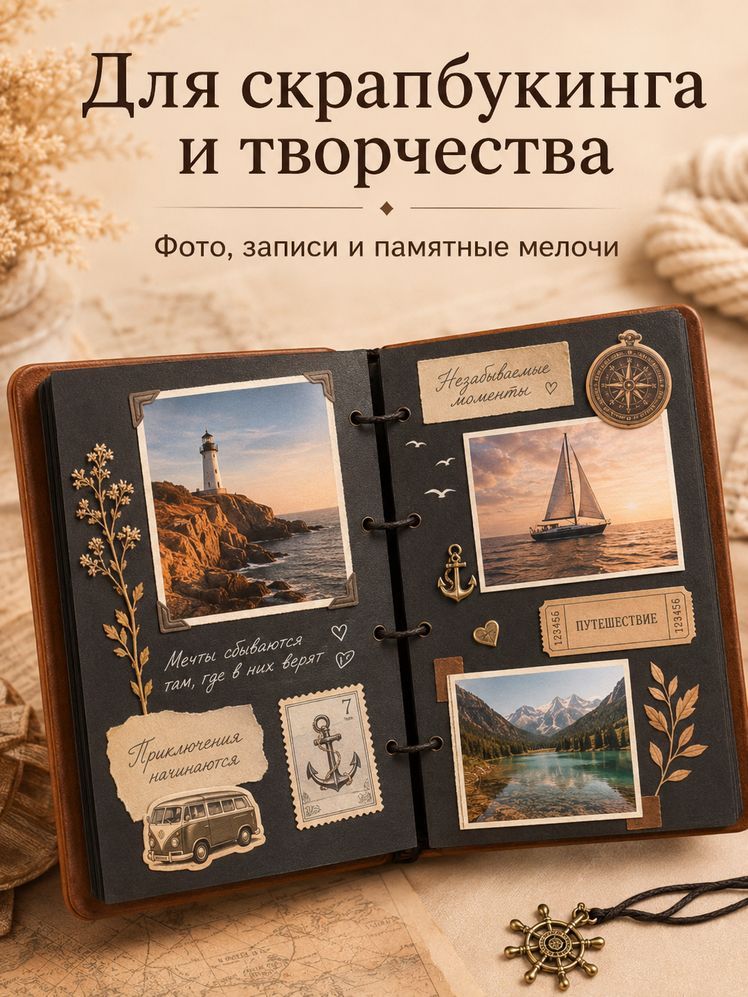 Фотоальбом-скрапбук с черными листами 60 стр, 18×22 см, ретро обложка, набор уголков — фото 1