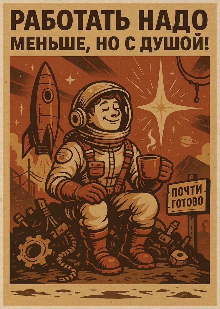 Постер "Плакат "Работать надо меньше, но с душой" космонавт, ретро-стиль, А3", 42 см х 29.7 см