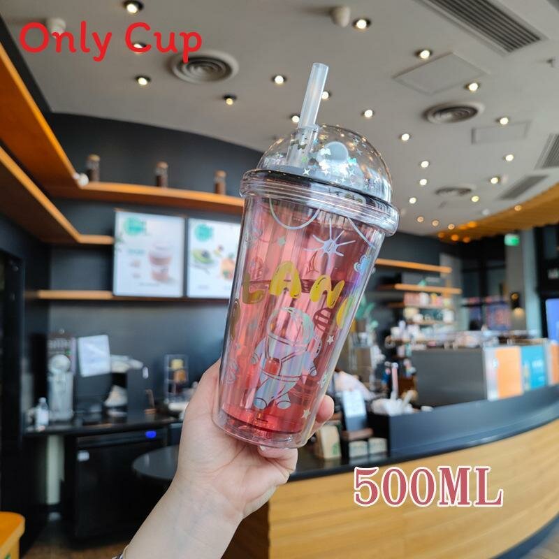 Summer new bubble tea cup with lid and straw 500ml for food service and gift giving pink