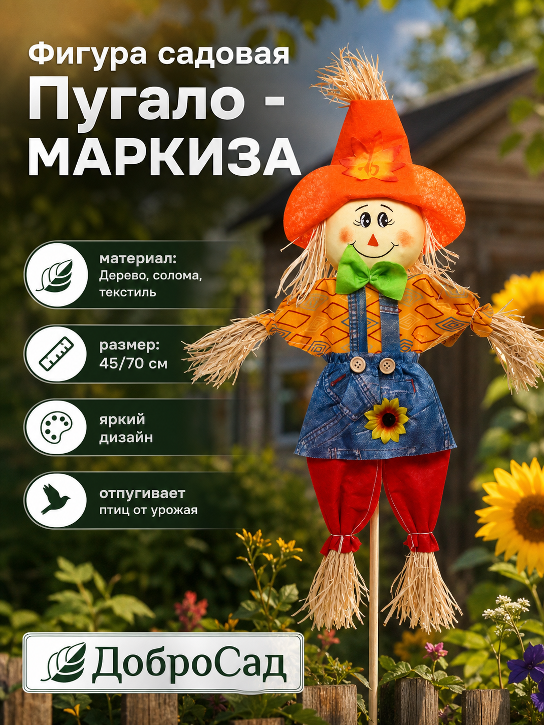 Пугало огородное «Пугало-Маркиза», 45/70 см, текстиль и солома/ Декор для огорода и дачи / Отпугиватель птиц "ДоброСад"