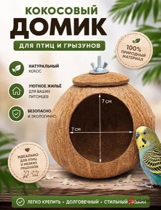 Гнездо для попугая изготовлено из натурального кокоса, диаметр кокоса: 10-13 см, 1 штука