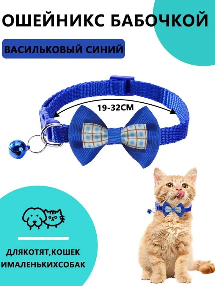 Ошейник для кошек и собак мелких пород, с колокольчиком и бантом, цвет синий