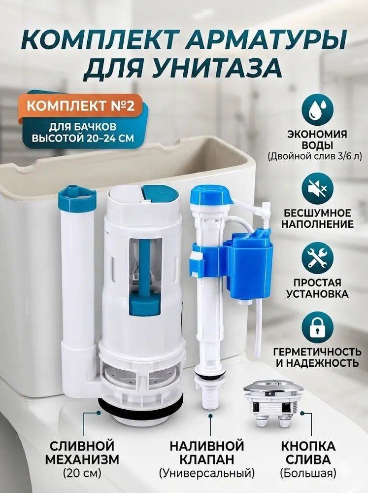 Эксклюзивный комплект арматуры для унитаза, включающий заливной клапан и двухрежимный сливной механизм