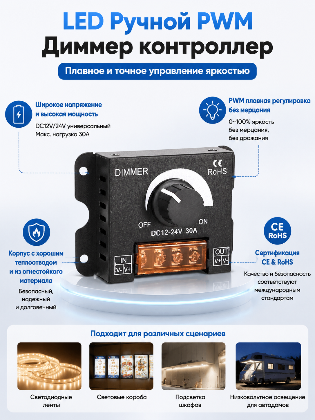 Диммер для LED, пластик, 12-24В 30А, для ленты, регулировка яркости