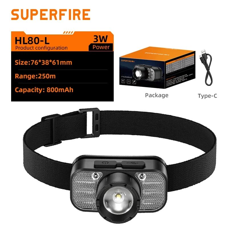 SUPERFIRE HL80 Налобный фонарь USB HL80-L-3W-800mAh