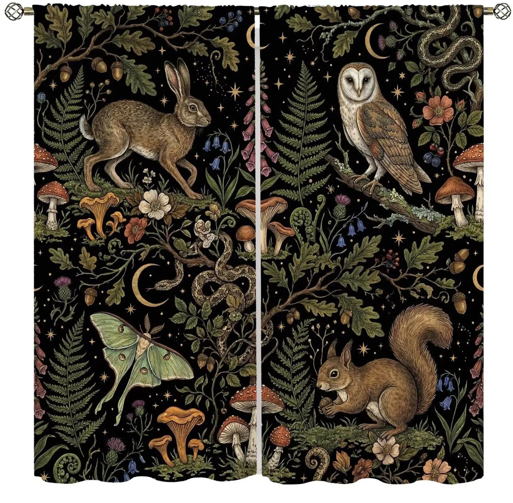 Шторы «Темный лес ночью» 2 панели, черный принт, Темно-зеленый, 150x250CM-2PC, ZQ-2606261662