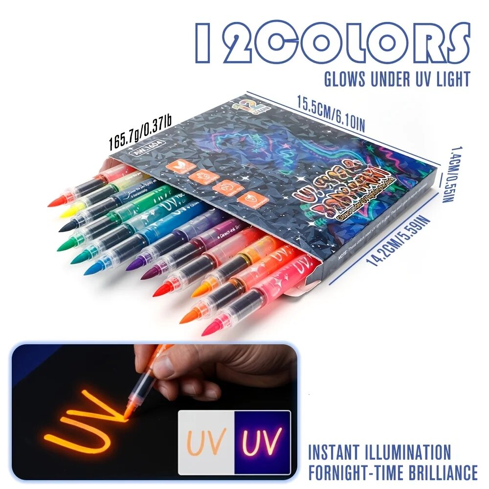 Fluorescent & Glow-in-the-Dark Markers Set 12 Colors 12