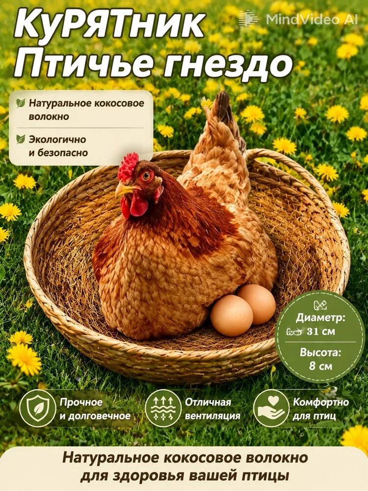 Гнездо для кур несушек, ручное плетение, натуральная трава/кокосовое волокно, диаметр 31.5 см, с подарком 100г волокна