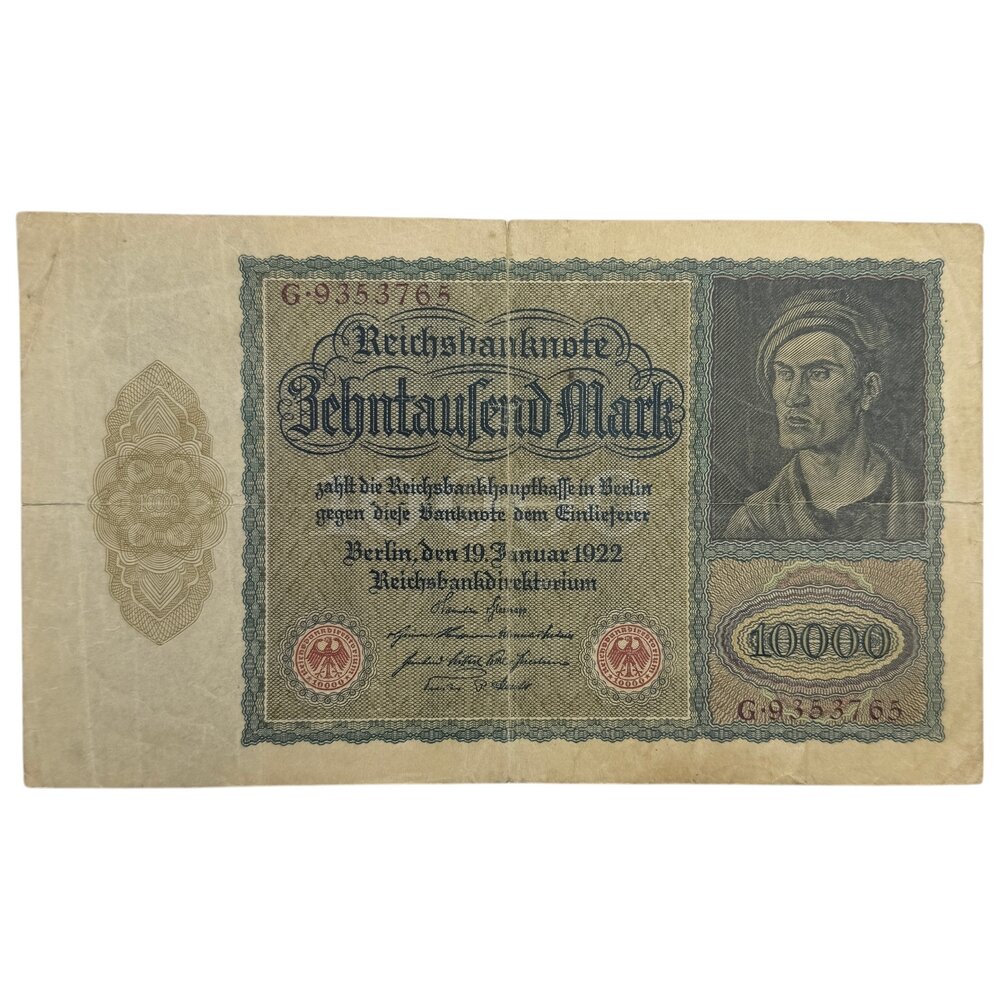 Веймарская республика (Германия) 10000 марок 1922 г. (Без литеры) (Крупный формат) (Серия G)