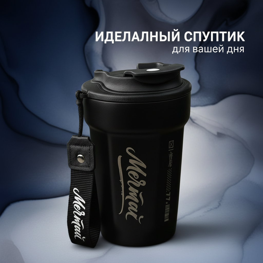 Черная дорожная кружка-термос 0.35 л высота 17 см