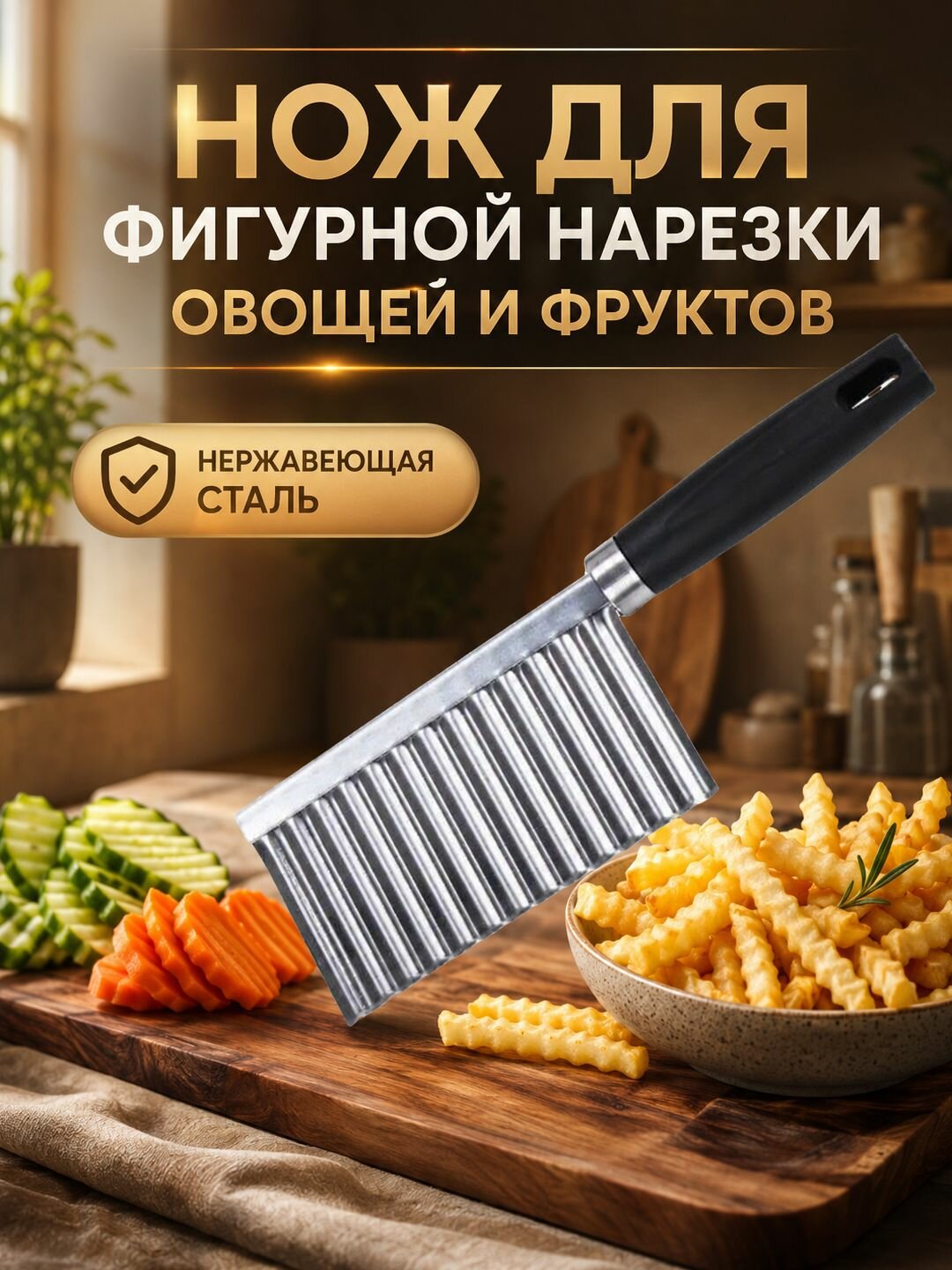 Нож для фигурной нарезки овощей и фруктов. Волнистый нож для резки. Фрукто-овощерезка слайсер рифленой нарезки