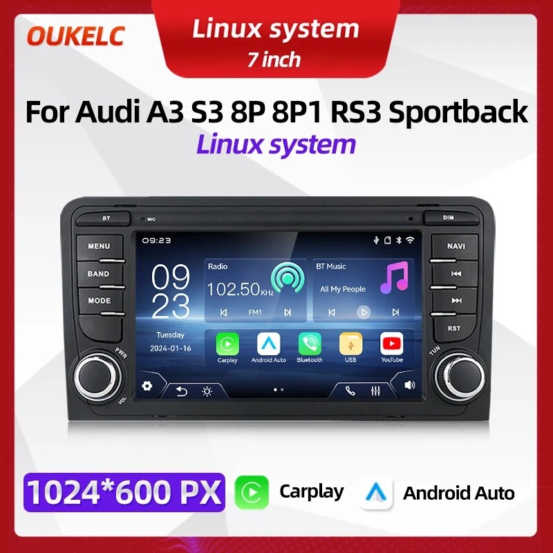 Мультимедиа для Audi A3 S3 8P1 RS3 Sportback, 7" Linux, Carplay, Android Auto