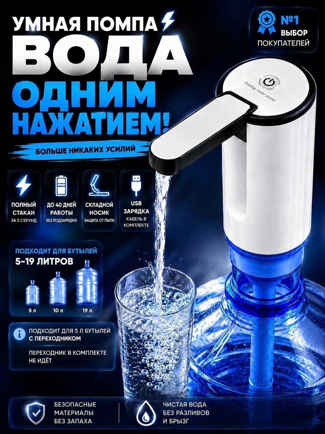 Помпа для воды электрическая, Диспенсер для воды автоматический 19л складная аккумуляторная USB, Насос для бутыли