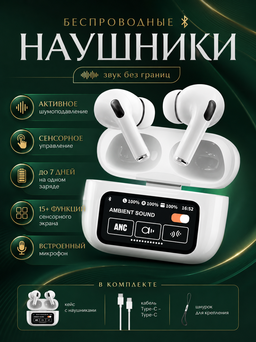 Беспроводные наушники A.Pods PRO 2 Version, Bluetooth наушники с сенсорным управлением, Белый