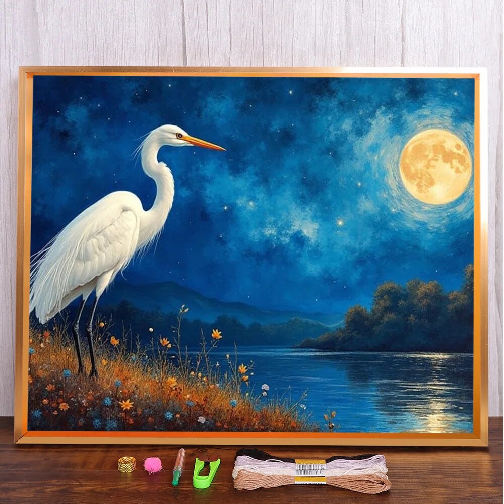 Комплект для вышивки "Лунный свет, белый журавль" Meian 30x40cm, 14CT Cotton Thread