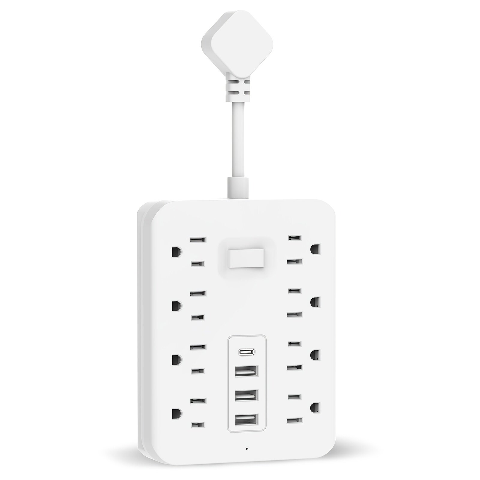 Сетевой фильтр 12-в-1, 8 розеток + 4 USB (1 USB-C), 110V/130V, US-вилка, плоская вилка, настенный, короткий шнур, защита от перегрузок, белый