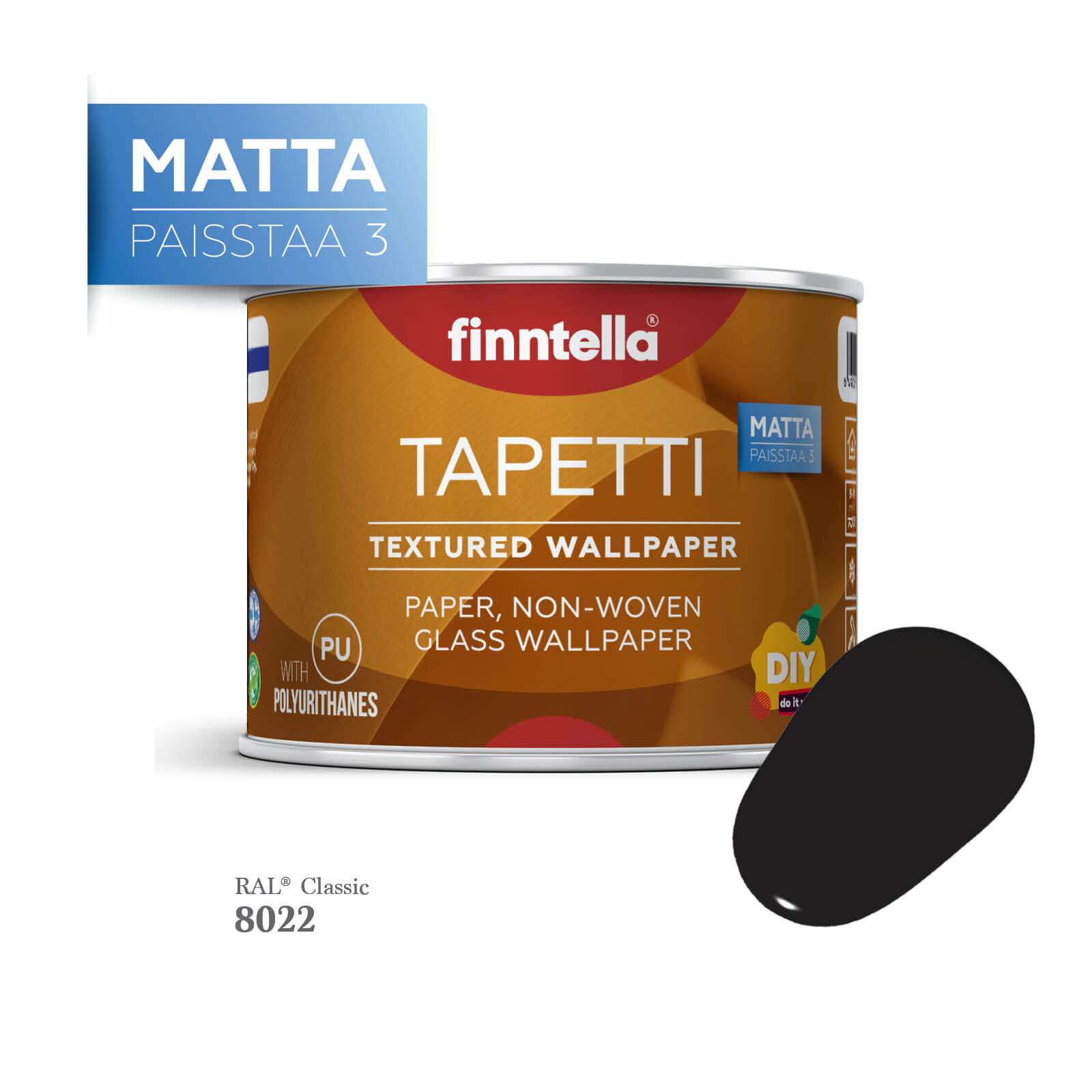 Матовая краска для обоев под окраску TAPETTI Matta FINNTELLA, Цвет RAL 8022 Черно-коричневый (Black brown), 0,45л