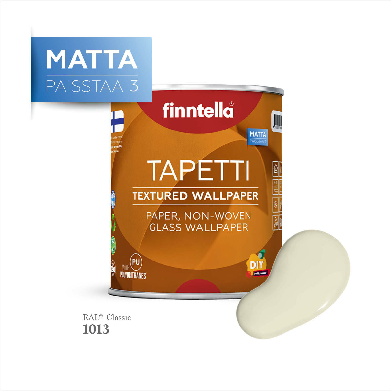 Матовая краска для обоев под окраску TAPETTI Matta FINNTELLA, Цвет RAL 1013 Жемчужно-белый (Oyster white), 0,9л