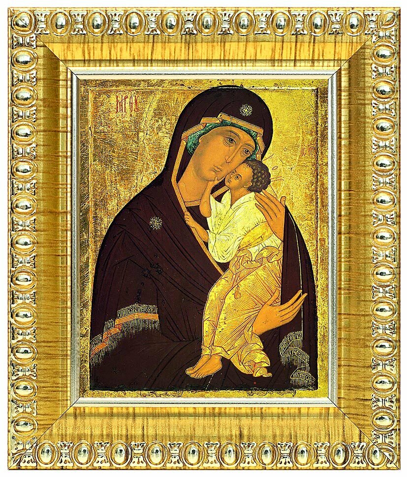 Ярославская икона Божией Матери, XV в, в золотой пластиковой рамке 8,5*10 см