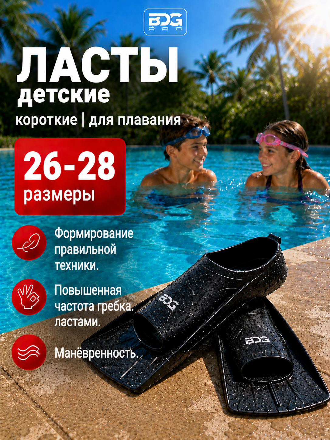 Ласты Блин-Да-Гриф, для плавания, 26-28, силиконовые, с закрытой пяткой, черные