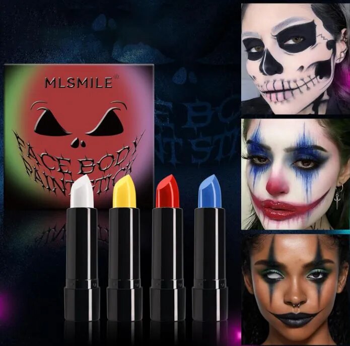 Украшение лица для вечеринки, праздника: набор помады для аквагрима Halloween lipstick 2 series, 4 шт, белый, желтый, красный, синий
