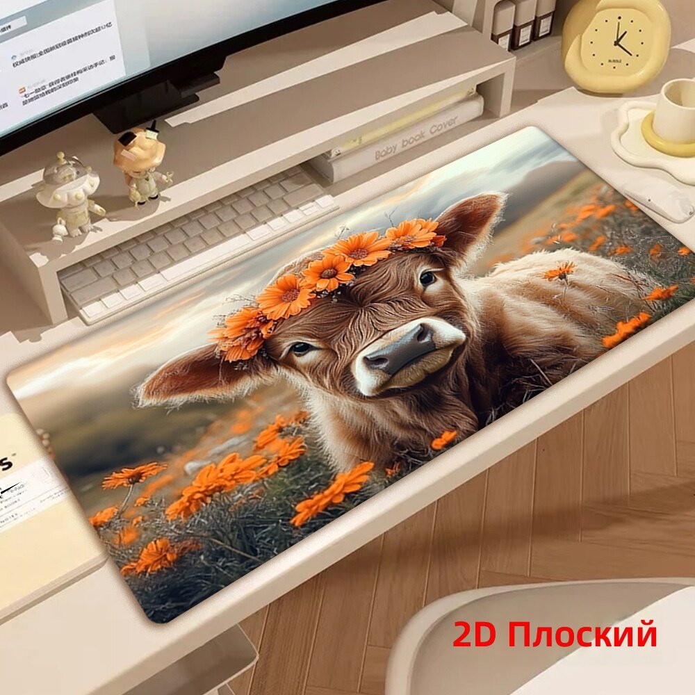 Большой игровой и офисный коврик для мыши с коровой в цветах, нескользящая основа, 60×30 см