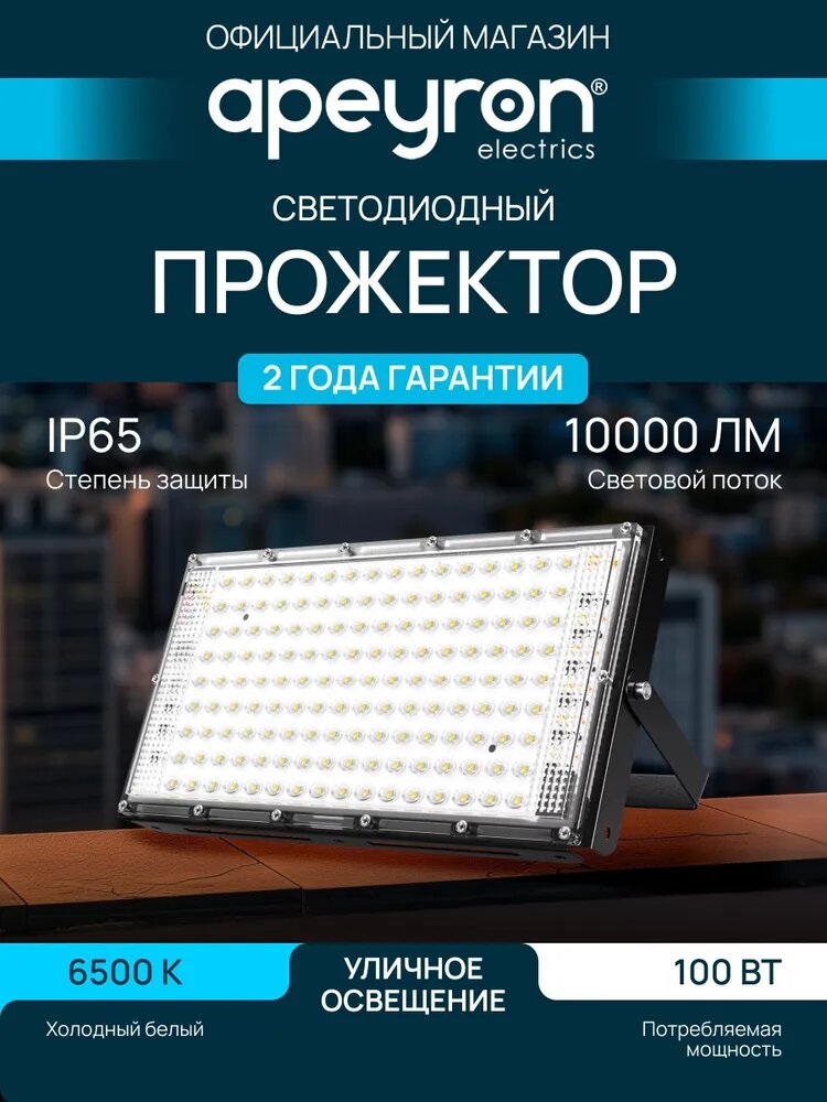 Прожектор светодиодный уличный влагозащищенный 100Вт, 6500К, 10000Лм, IP65, черный