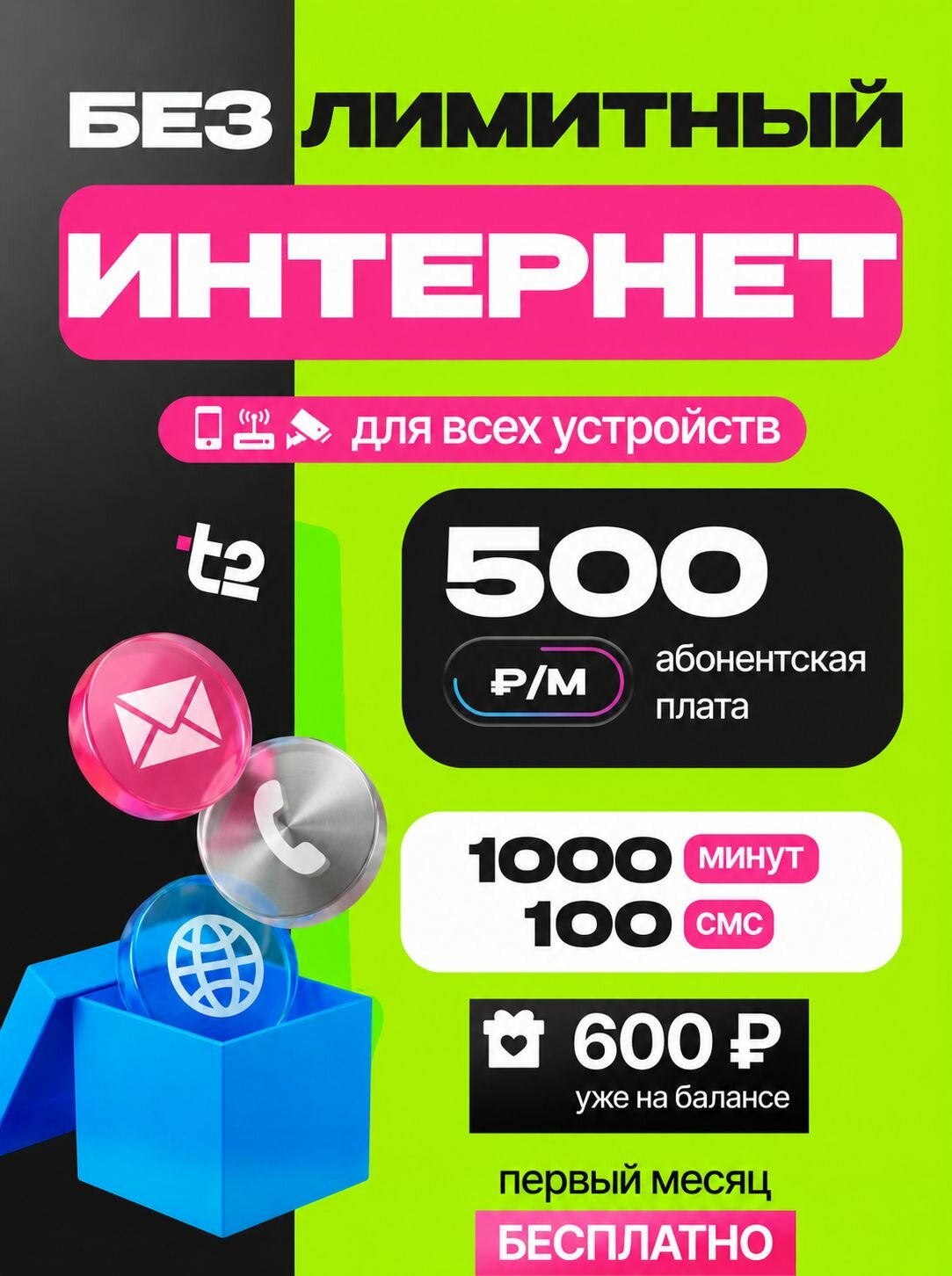 Сим карта Т2 безлимитный интернет 3G/4G 1000 минут 100 смс за 500 руб/мес раздача Wi-Fi T2 Sim-карта для телефона модема роутера вся Россия интернет без лимита звонки смс по России