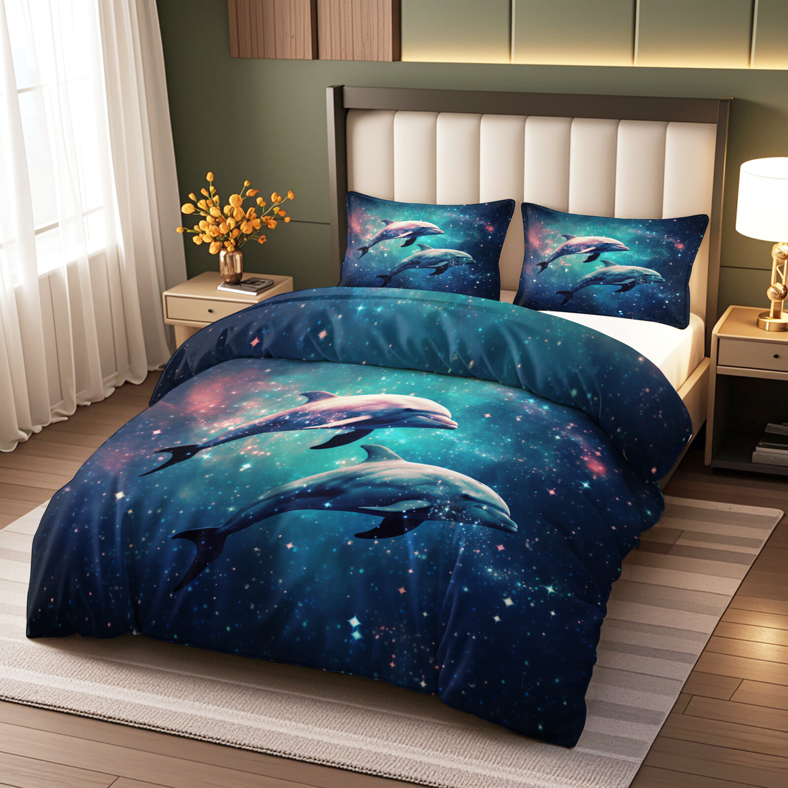Дельфин Комплект постельного белья 1.5/2-сп/Евро 175x215cm Голубой Ночной Вид Mикрофибра 2 наволочки 70х70