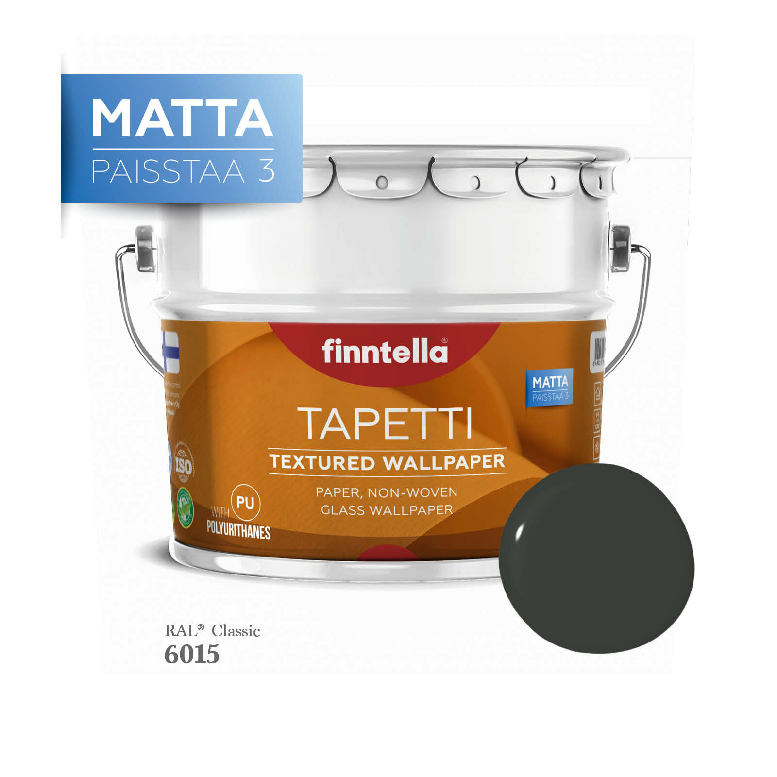 Матовая краска для обоев под окраску TAPETTI Matta FINNTELLA, Цвет RAL 6015 Черно-оливковый (Black olive), 9л