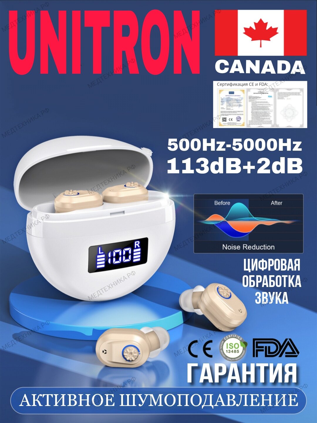 Слуховой аппарат Unitron для первой второй и третьей степени тугоухости с зарядкой аккумуляторный качественный премиум класса производитель канада