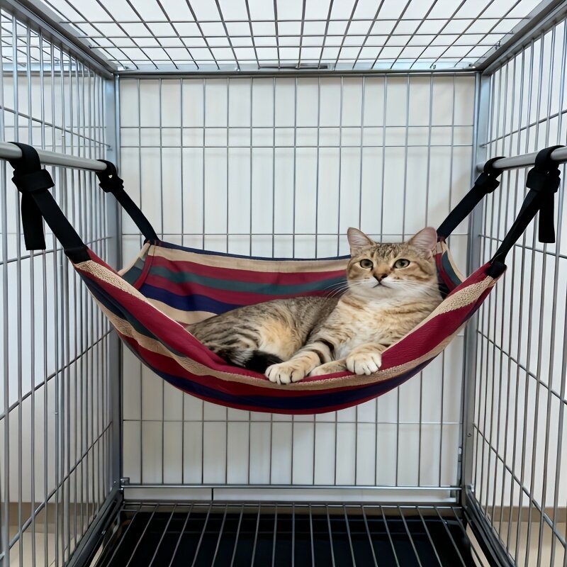 Подвесная лежанка для кошек на 4 веревках, всесезонная, в красную полоску, для гостиной, спальни, балкона и кошачьего домика