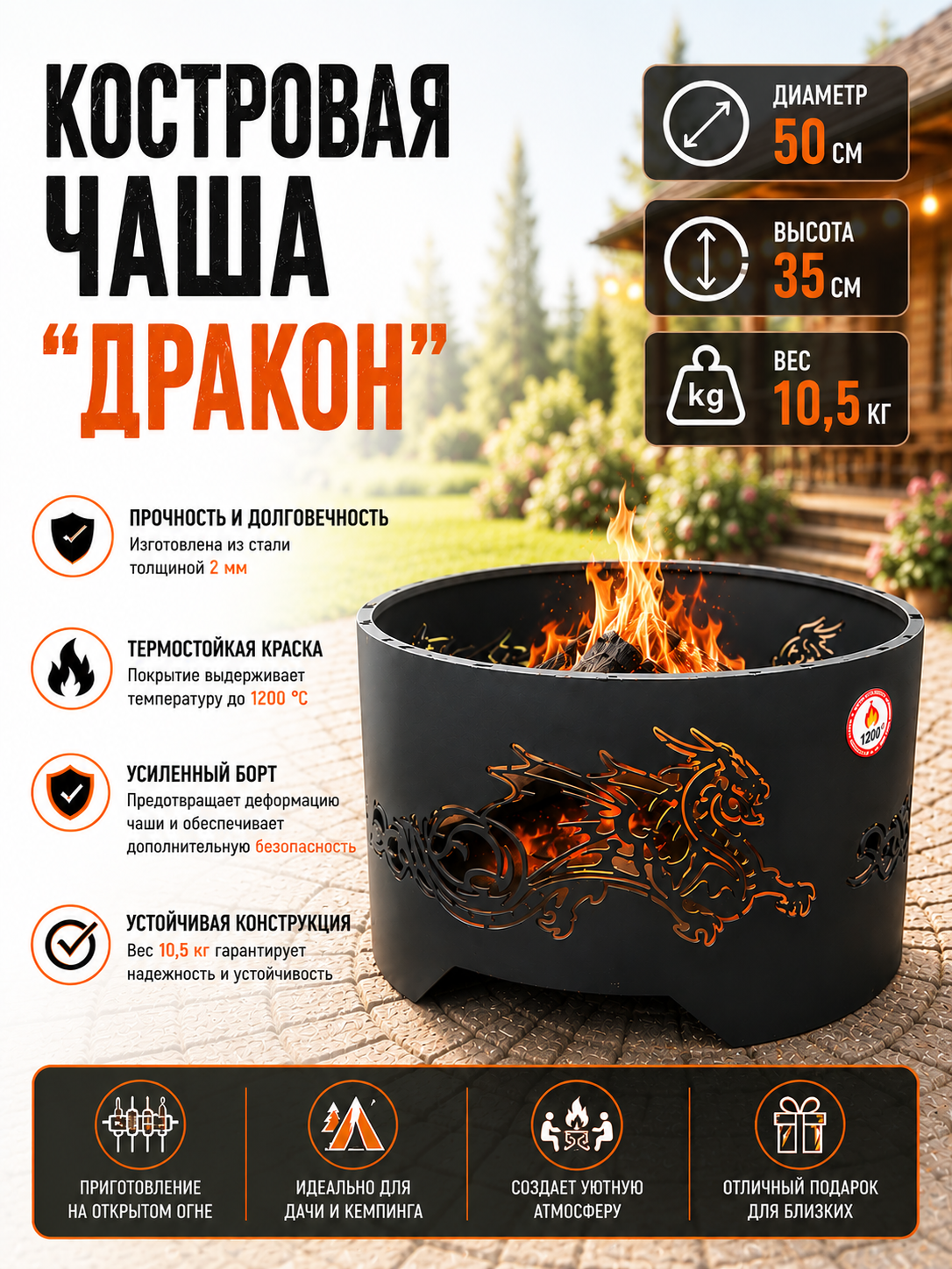 Костровая чаша Мультиагро "Дракон", сталь, термостойкая краска, черный, 50см