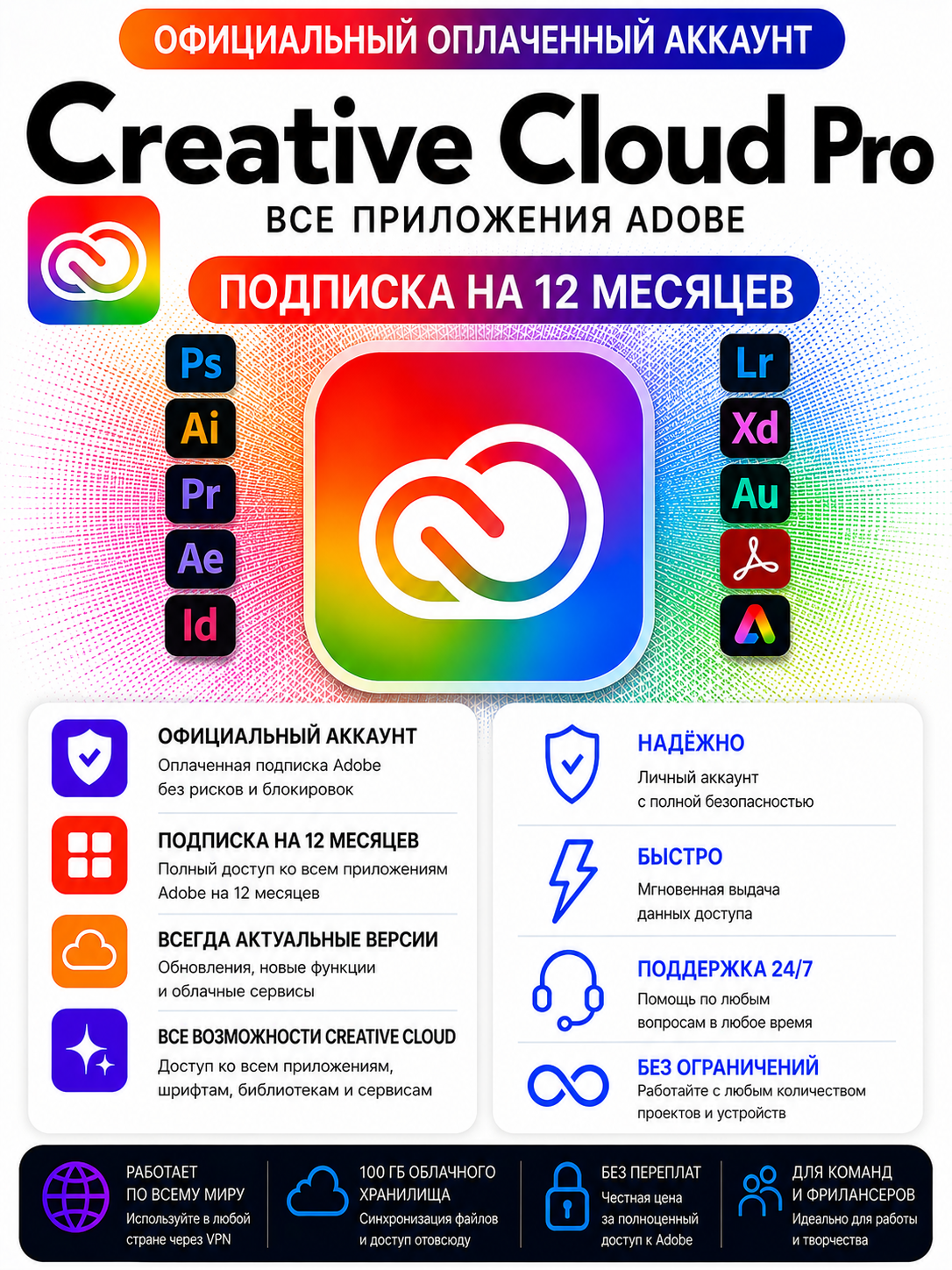 Adobe Creative Cloud Pro готовый оплаченный аккаунт с подпиской на 12 месяцев, нейросети Nano Banana и др, 4к кредитов
