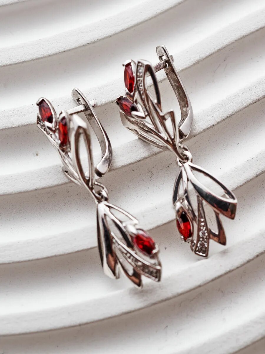 Серьги БРЮС, серебро, 925 проба, родирование, фианит