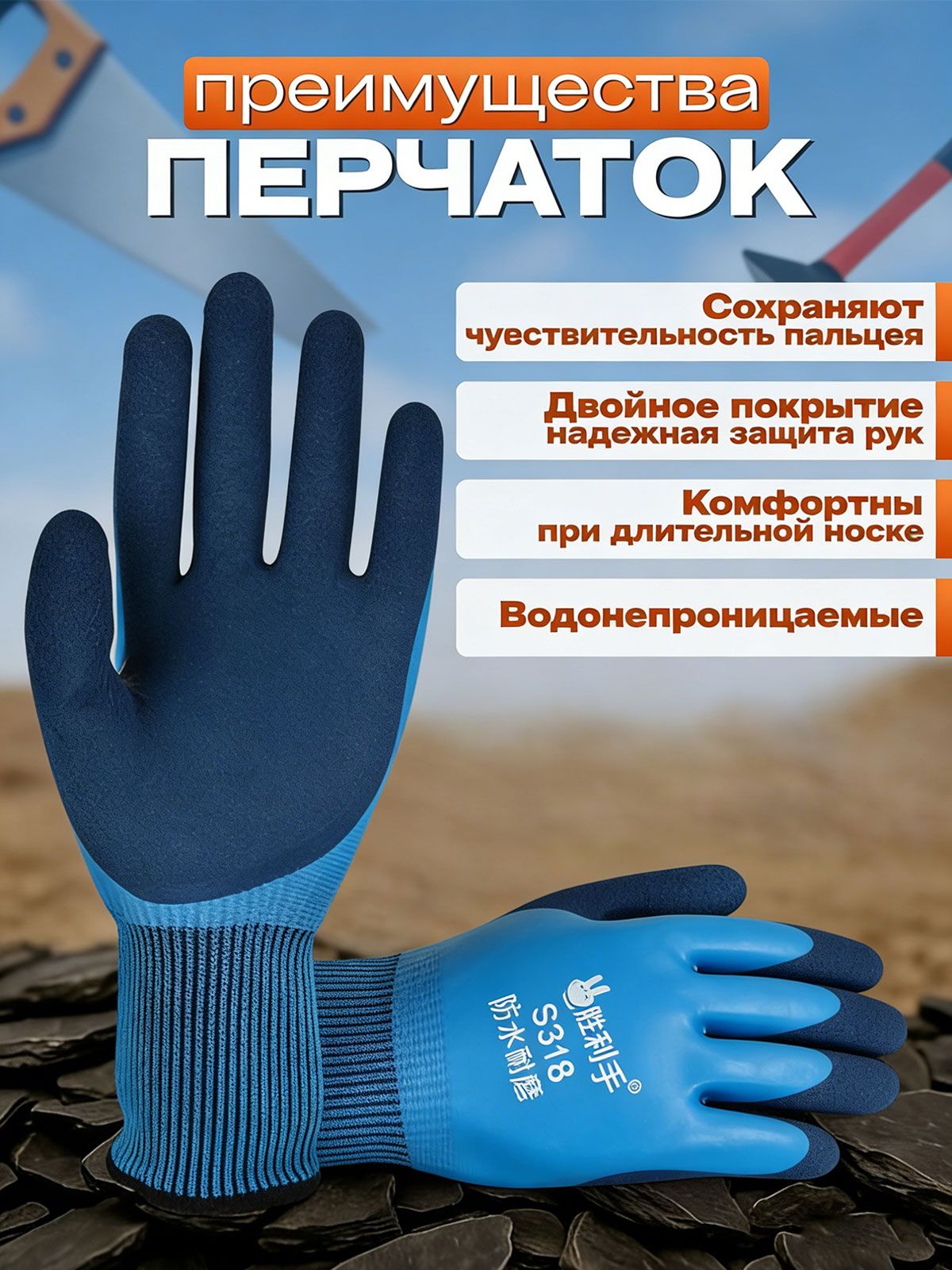 Перчатки водонепроницаемые/ износостойкие рабочие, садовые, с покрытием, прорезиненные, хозяйственные, перчатки для сада и огорода 250MM,20 пар
