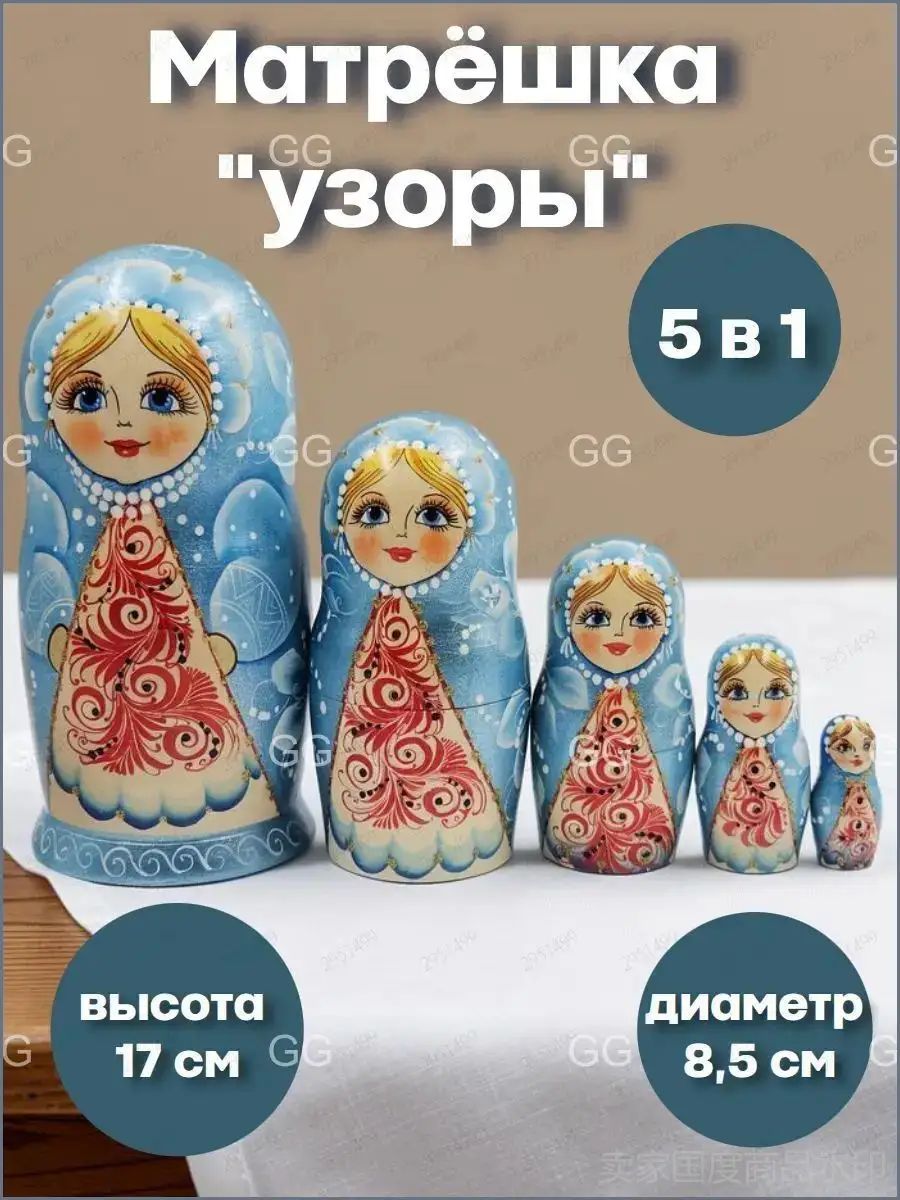 Матрёшка "Узоры" (5 мест, 17 см) голубая