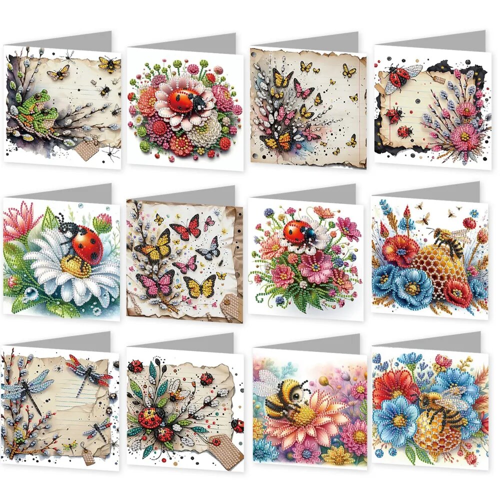 DIY-открытка с кристаллами Насекомые и цветы , 12 штук, с конвертами