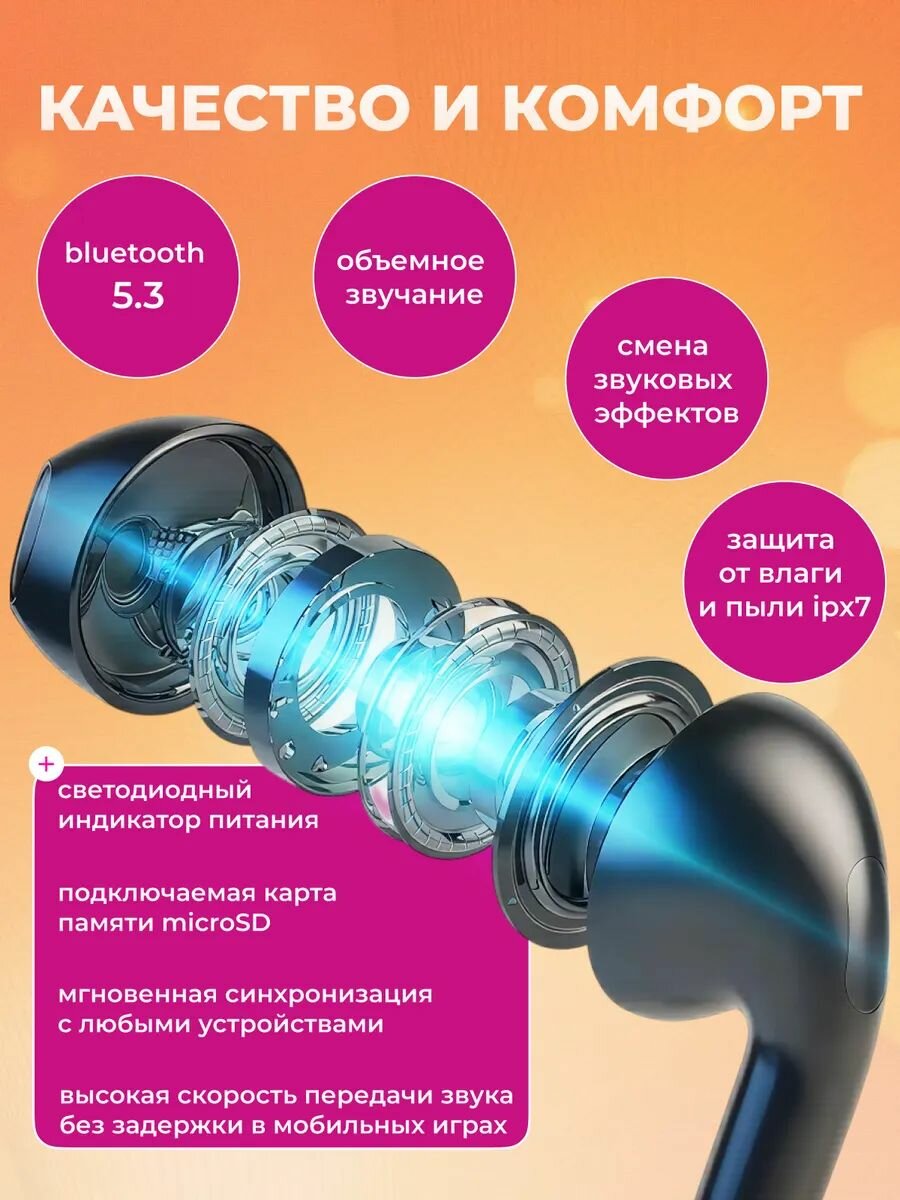 Спортивные наушники, шумоподавление, беспроводные, на шею, черные