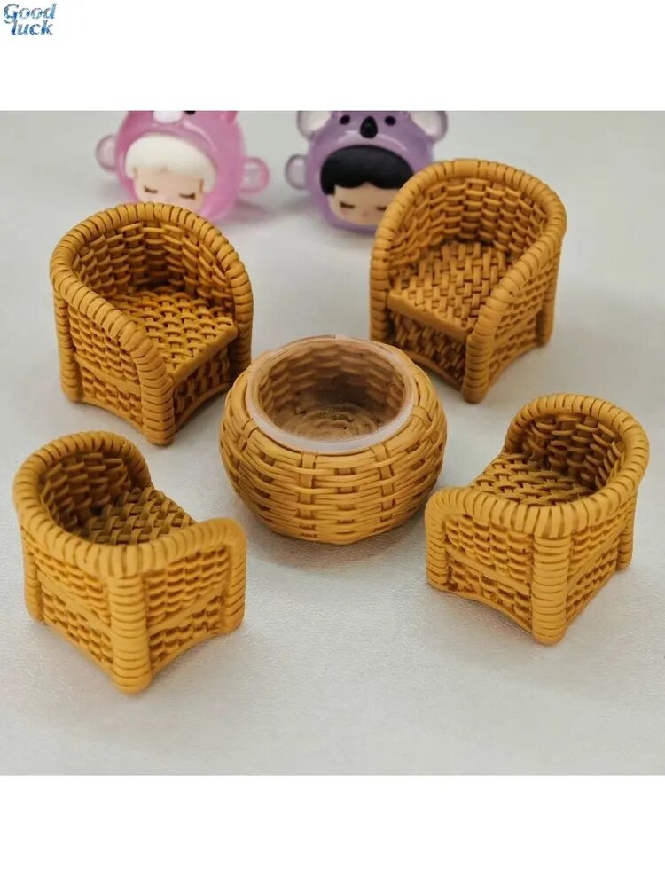 Миниатюрные фигурки столов и стульчиков из смолы, имитация бамбуковой плетенки, комплект из 5 предметов